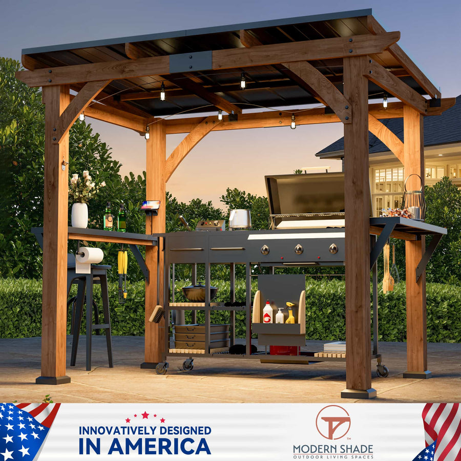 6'x8' Fusion Cedar Hardtop Gazebo with Electrical Outlets – Modern Shade